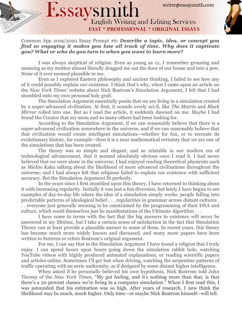 Common App 2019 2020 Essay Prompt 6 Sample Essay Common App 2019 2020 Essay Prompt 6 Sample Essay